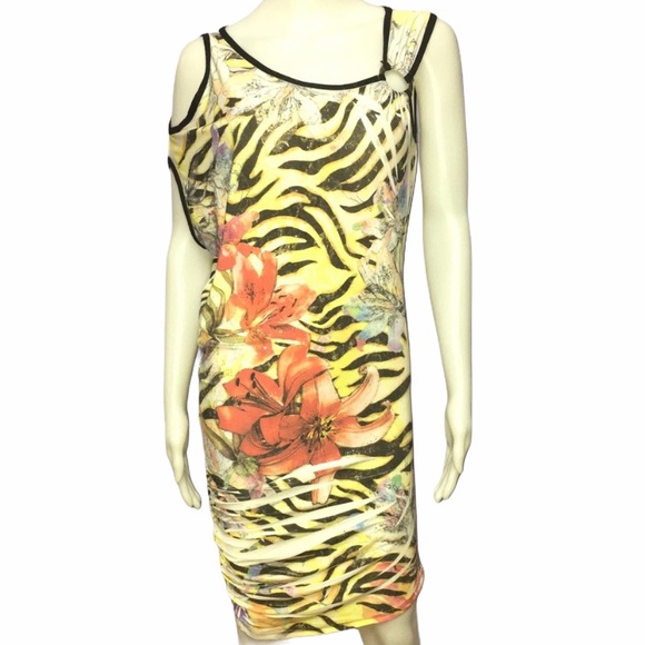 Dresses | Bright Floral Mixed Pattern Glittery Fitted Dress | Poshmark